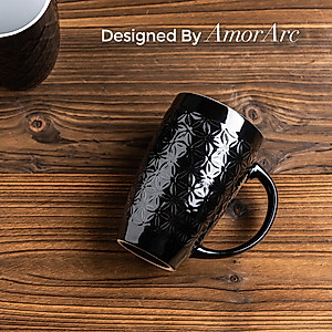 AmorArc Large Coffee Mugs Set of 6, 22oz Ceramic Tall Coffee Mugs Set with Textured Geometric Patterns for Latte/Tea/Beer/Hot Cocoa, Dishwasher & Microwave Safe, Black