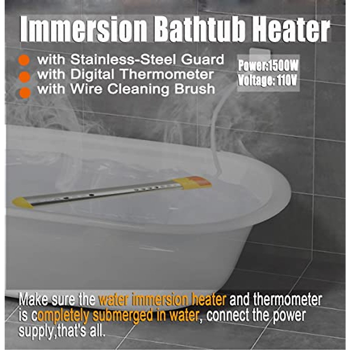 Lolicute 1500w Bucket Heater,Portable Electric Immersion Heater, Bathtub Heater Hot Water for Kitchen/Bathroom/Outdoor with Digital Thermometer