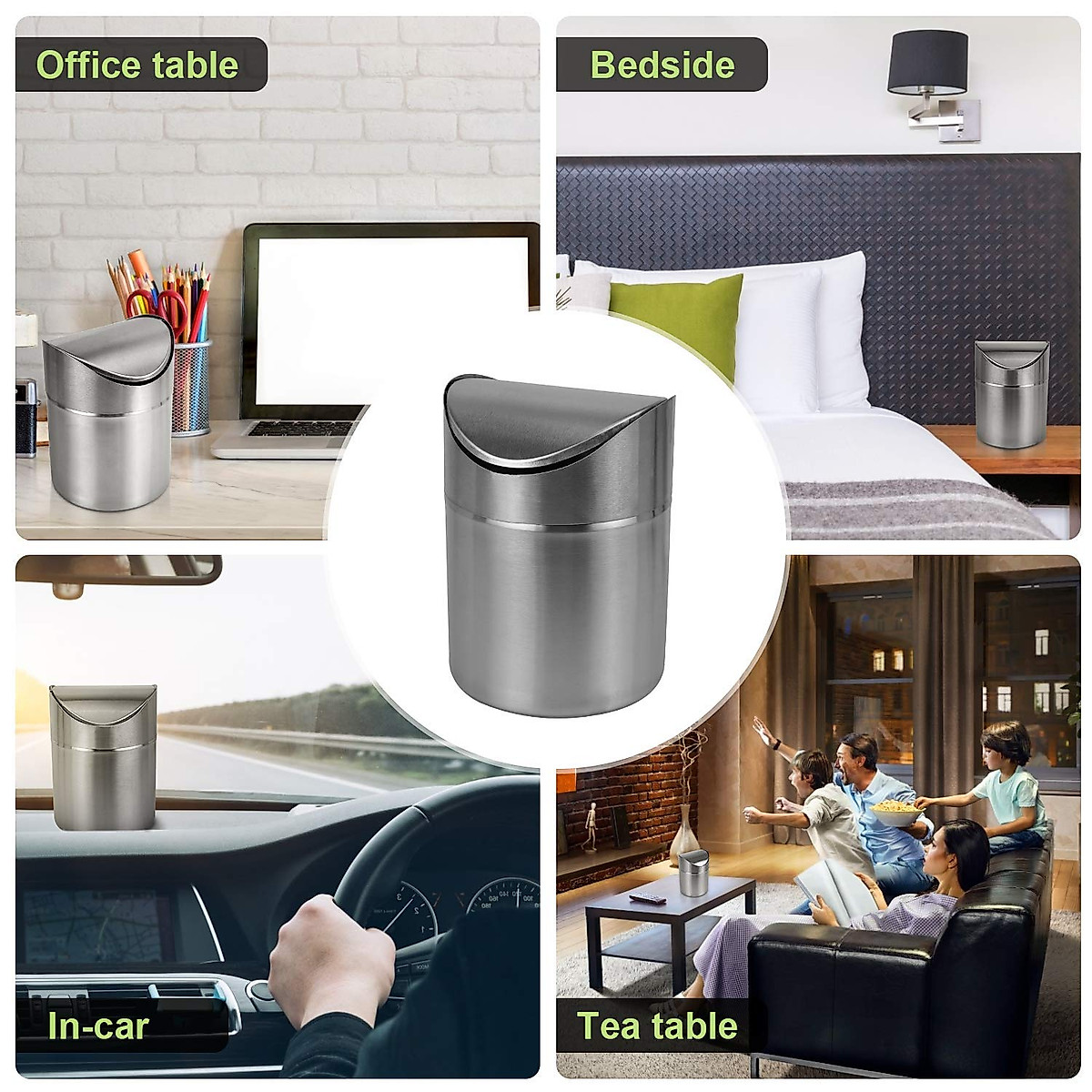 AMAZECO Mini Countertop Brushed Can Stainless Steel Swing Lid Trash Can Set, Come with Trash Bag, 1.5 L / 0.40 Gal Silver Color