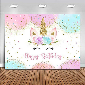 Mocsicka Rainbow Unicorn Backdrop Happy Birthday Party Decorations for Girls Watercolor Floral Glitter Stars Dots UnicornCake Table Banner Supplies Studio Props (7x5ft)