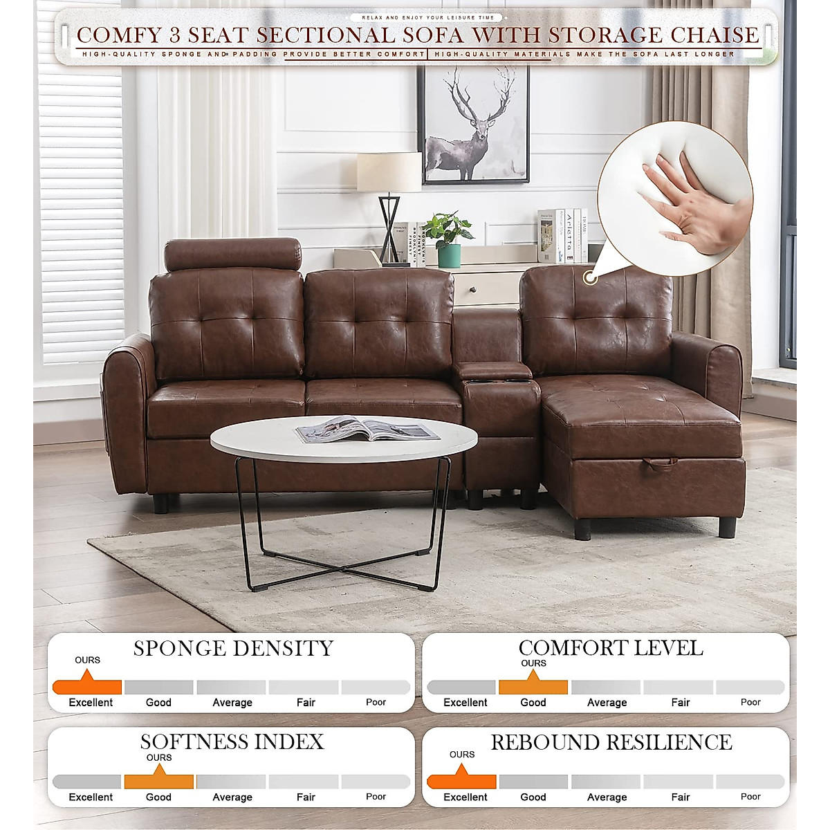 KINFFICT Modern PU Leather Sectional Sofa with Chaise, Comfy 3 Seat Sectional Couch with Storage, Cup Holders, and Comfy Headrest, L Shaped Couch Furniture Set for Living Room, Brown