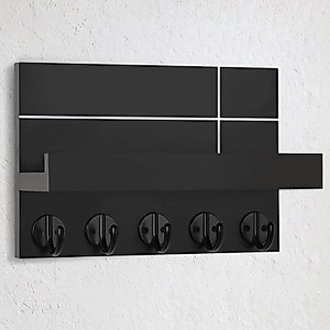 Lwenki Wall Mounted Key Holder - 9.8" x 6.7" x 4.2" Decorative Wall Shelf with Hooks Holds Key Rings, Dog Leash, Wallet, Purse - Real Paulownia Wood Entryway Shelf for Rustic Farmhouse Decor (Black)