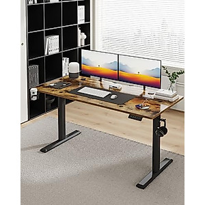 Shahoo Electric Standing Desk, 55 x 24 Inches Height Adjustable Corner Table, Computer Workstation with Cup Holder and Hook for Home Office, Rustic Brown