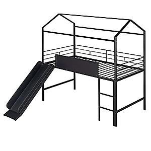 BOVZA Twin Size House Loft Bed with Slide and Ladder, Metal Loft Bed Frame with 2 Sided Writable Wooden Board and Roof for Kids Boys Girls Bedroom, Black
