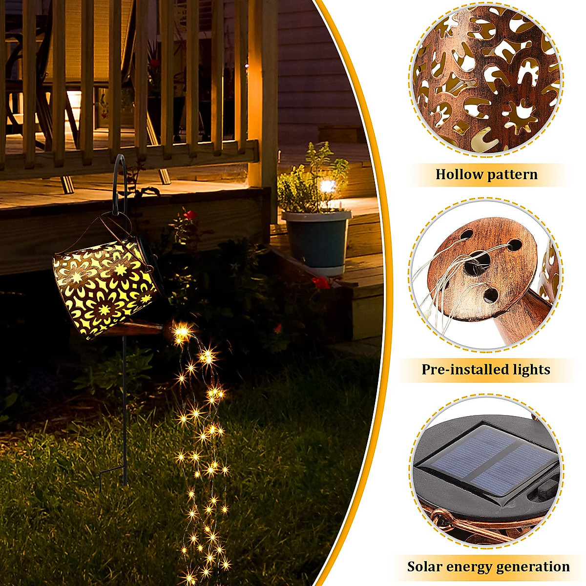 Watering Can with Lights Star Shower Watering Can Solar Twinkle Lights Waterproof Outdoor Decor LED Fairy Lights for Garden Yard Outdoor Lawn Patio Party Decorations Path Lights (Floral Style)