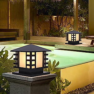 Post Lights Outdoor Chinese IP65 Waterproof Black Finish Outdoor Column Lamp Rustproof Garden Wall Patio Pillar Post Lamp Fixture Square Frosted (Diameter 25cm) ()