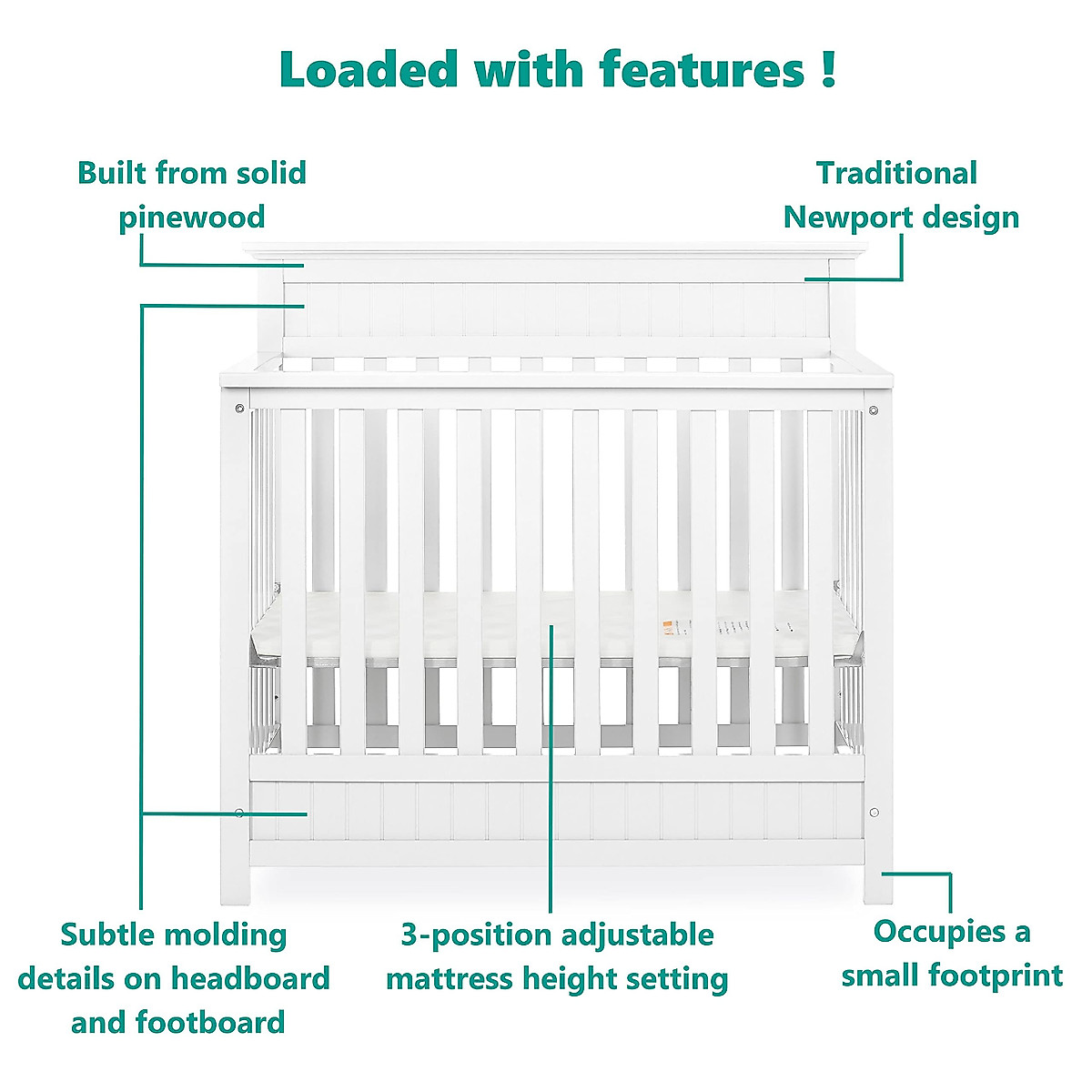 Dream On Me Harbor 4-in-1 Convertible Mini Crib in White, Greenguard Gold Certified
