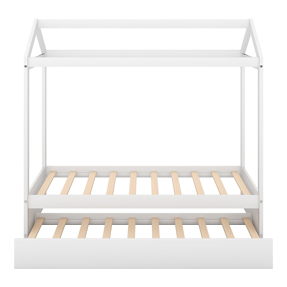 Merax Twin House Bed with Trundle, Twin Size Wooden House Bunk Bed with Support Legs, Can be Decorated for Girls, Boys (White)