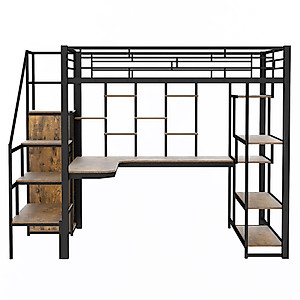 Full Size Metal Loft Bed with Storage Staircase and Small Wardrobe, Heavy Duty Loft Bed Frame with Built-in Desk and Storage Shelves for Kids Teens Boys Adults, Maximize Space Saving (Black-7.17)