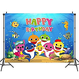 GRATULON Babe Shark Party Supplies for Birthday Decorations, Gratulon Vinyl Light-Weight Babe Shark Backdrop for Baby Shower and Kids’ Bedroom Wall Sticker Décor Blue 5x3 ft