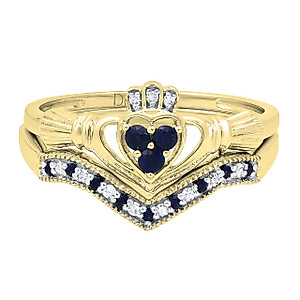 Dazzlingrock Collection 10K Round White Diamond & Blue Sapphire Bridal Heart Shape Engagement Set, Yellow Gold, Size 9