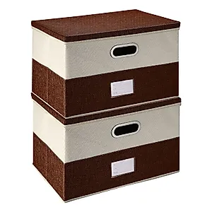 Fassave Foldable Storage Bins with Lids, 2 Packs Fabric Storage Container Basket Cube with Handles for Office, Bedroom, Closet (Medium-2 Pack, Beige&Coffee)