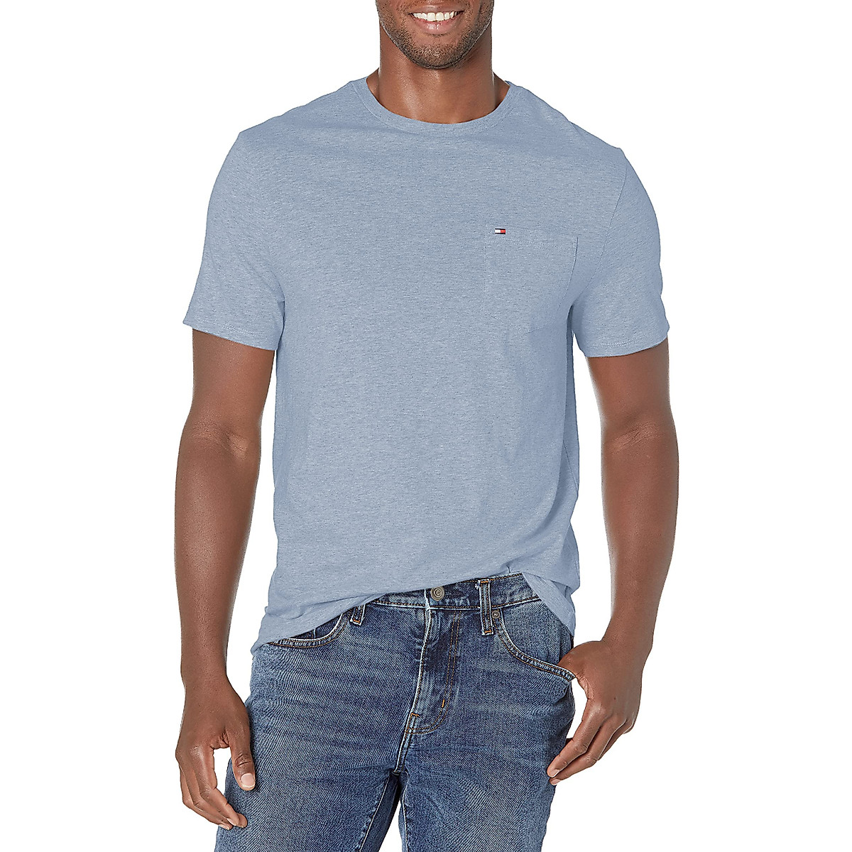 Tommy Hilfiger Men's Tall Essential Short Sleeve Cotton Crewneck Pocket T-Shirt, Malaga Blue Heather, XX-Large Big