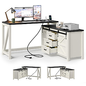 Executive L Shaped Office Desk with Drawers, Farmhouse Corner Desk for Home Office with Storage Cabinet, Computer Desk with Charging Station, Reversible Study Writing Table Workstation, White