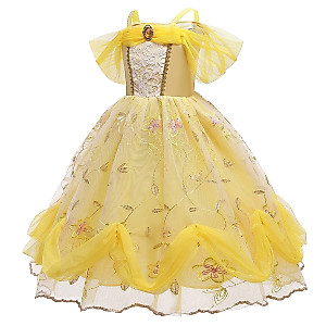 FMYFWY Girls Belle Princess Fancy Dress Beauty and Beast Outfits Halloween Christmas Birthday Lace Gown w/Accessories,Yellow 011,9-10T