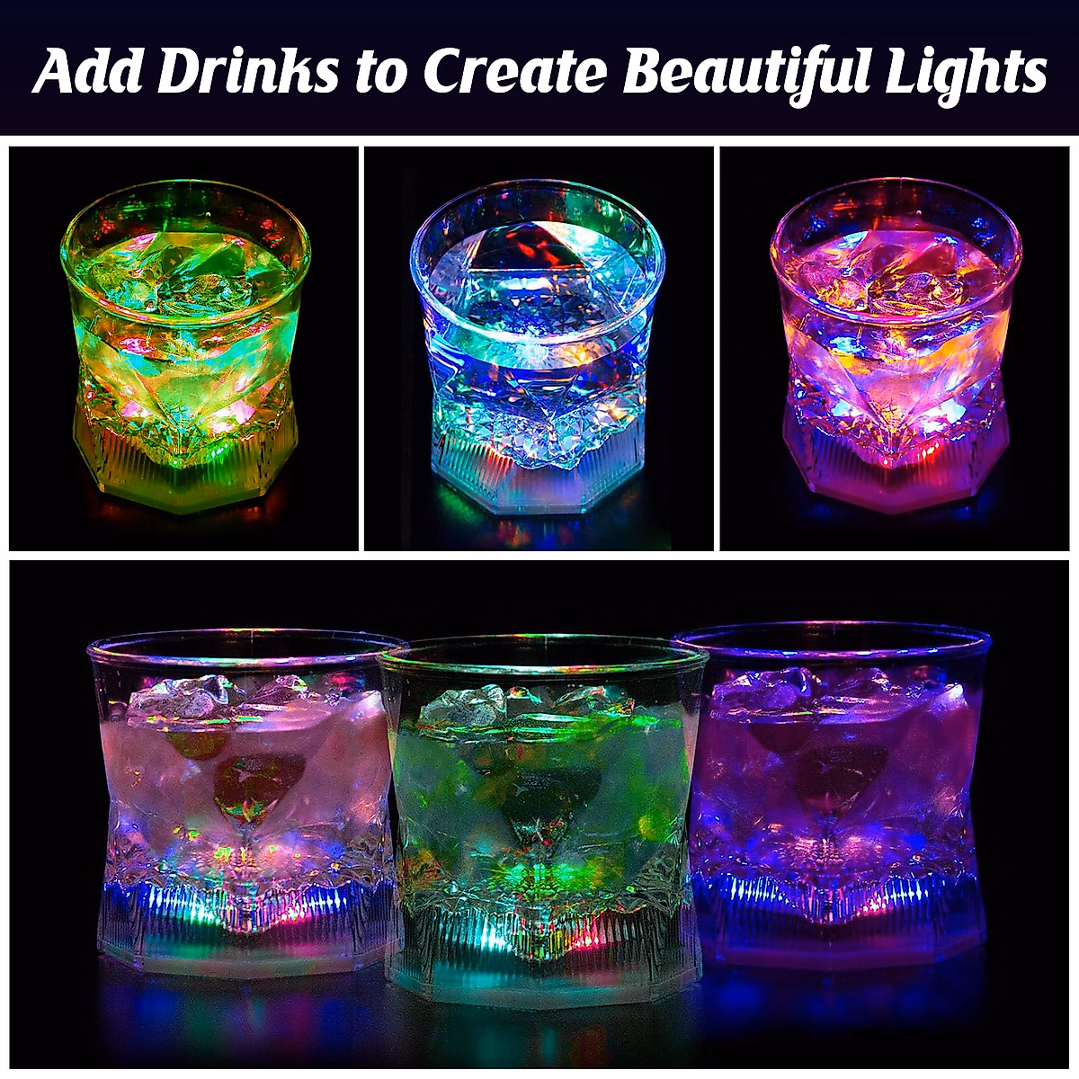 UPZAI LED Old Fashioned Glasses: 10oz Liquid Activated Multicolor Light Up Drinking Tumblers Set of 4 - Plastic Fun Cups for Water Beer Cocktail Whiskey Bar Party