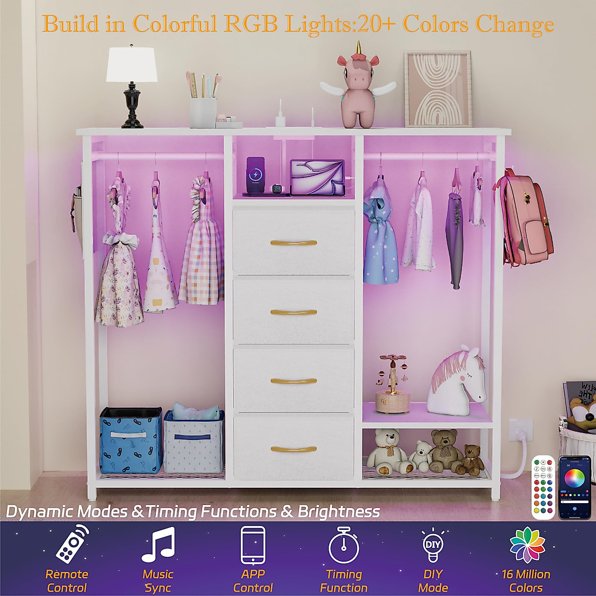 Dresser for Bedroom with 2 Clothes Racks,4 Drawer Dresser with Led Light and Charging Station,Wardrobe Dresser with Clothes Storage Chest Hanging Rack,Closet Dresser with Side Pocket and Hooks,White