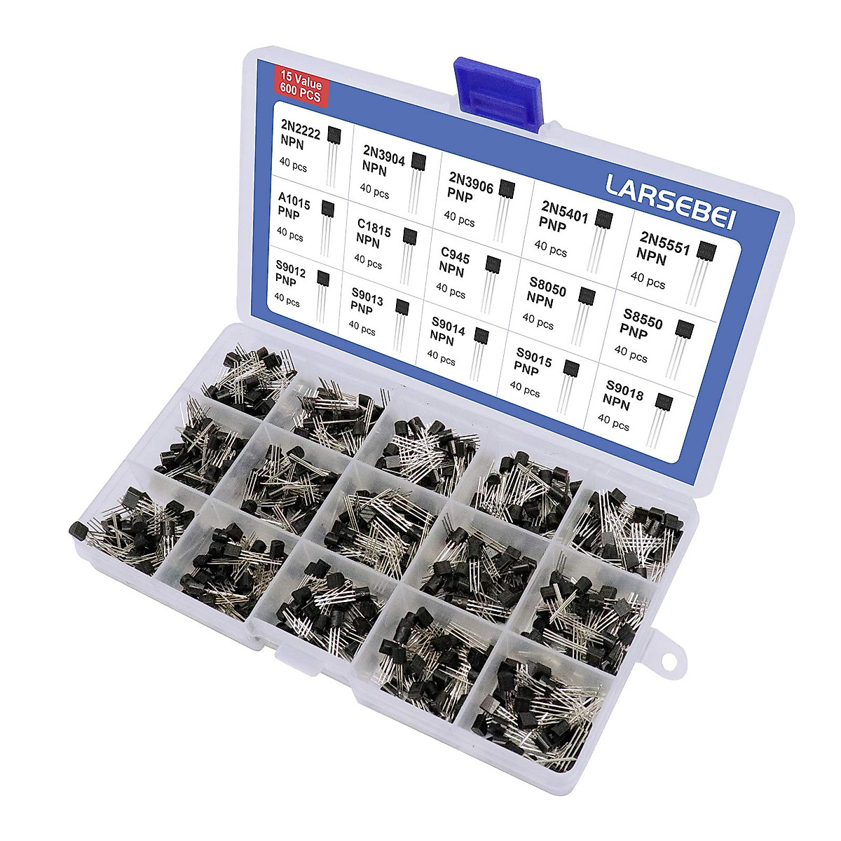 LARSEBEI 600-Piece 15 Values Transistors Assortment Kit Box Including 2N2222-S9018 NPN PNP Power General Purpose Transistors