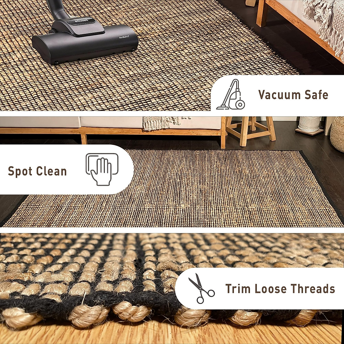 Chardin home Jute Rugs Collection- 2x5 Feet Jute Braids Rug, Boho, Rustic, Natural Jute/Black, Hand Woven Long Runner Rug for Bedroom, Living Room, Kitchen and entryways