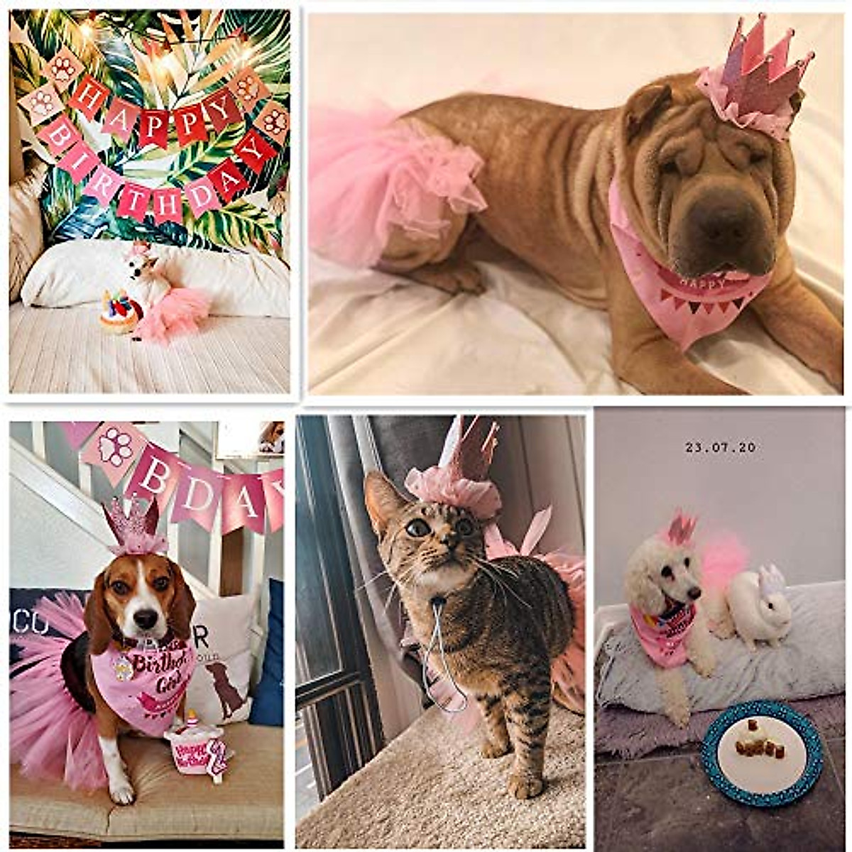 ADOGGYGO Dog Birthday Bandana Girl - Birthday Party Supplies - Pink Tutu Skirt Crown Hat Scarf Happy Birthday Banner Dog Girl Birthday Outfit for Pet Puppy Cat Girl (Pink)