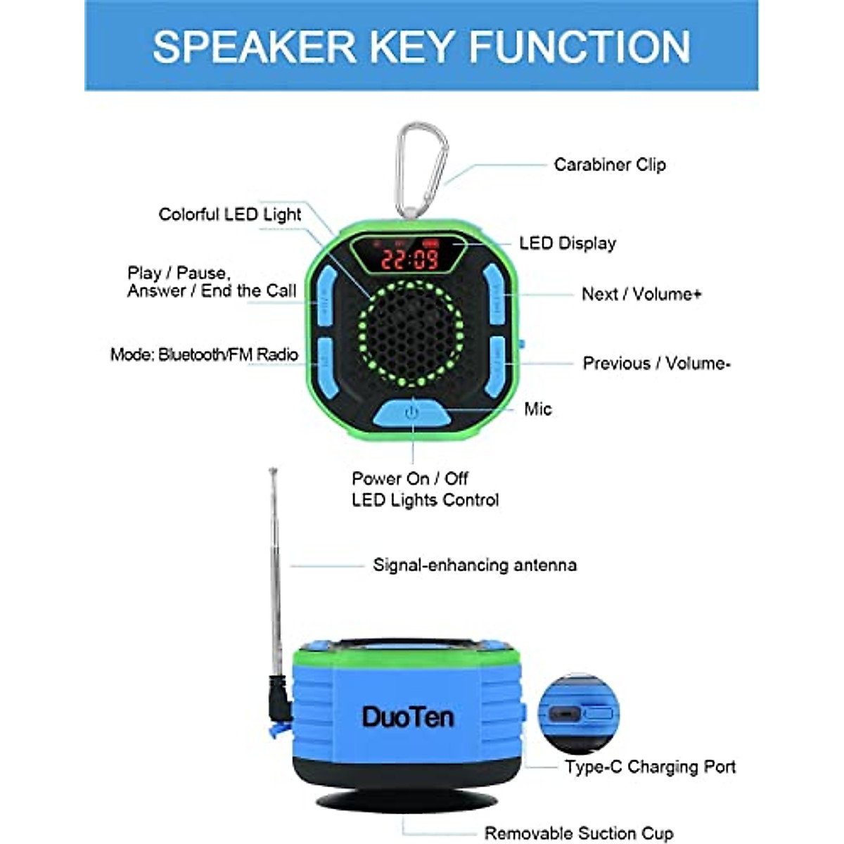 DuoTen Shower Speaker, IPX7 Waterproof Portable Bluetooth Wireless Speaker Shower Radio with Loud Stereo Sound, LED Display, Light Show, Suction Cup, Sturdy Hook for Home, Party, Outdoor, Travel, Pool