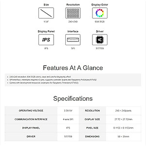 waveshare 1.54inch LCD Display Module IPS Screen 65K RGB Colors 240×240 Resolution SPI Interface