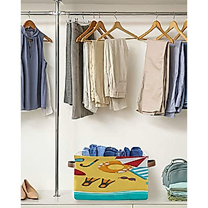 Storage Bins,Ocean Summer Beach Ball Surfboard Swim Ring Storage Basket with Handles,Waterproof Collapsible Storage Bin,Cartoon Marine Diving Flip-Flops Storage Organizer Shelves Closet Living Room