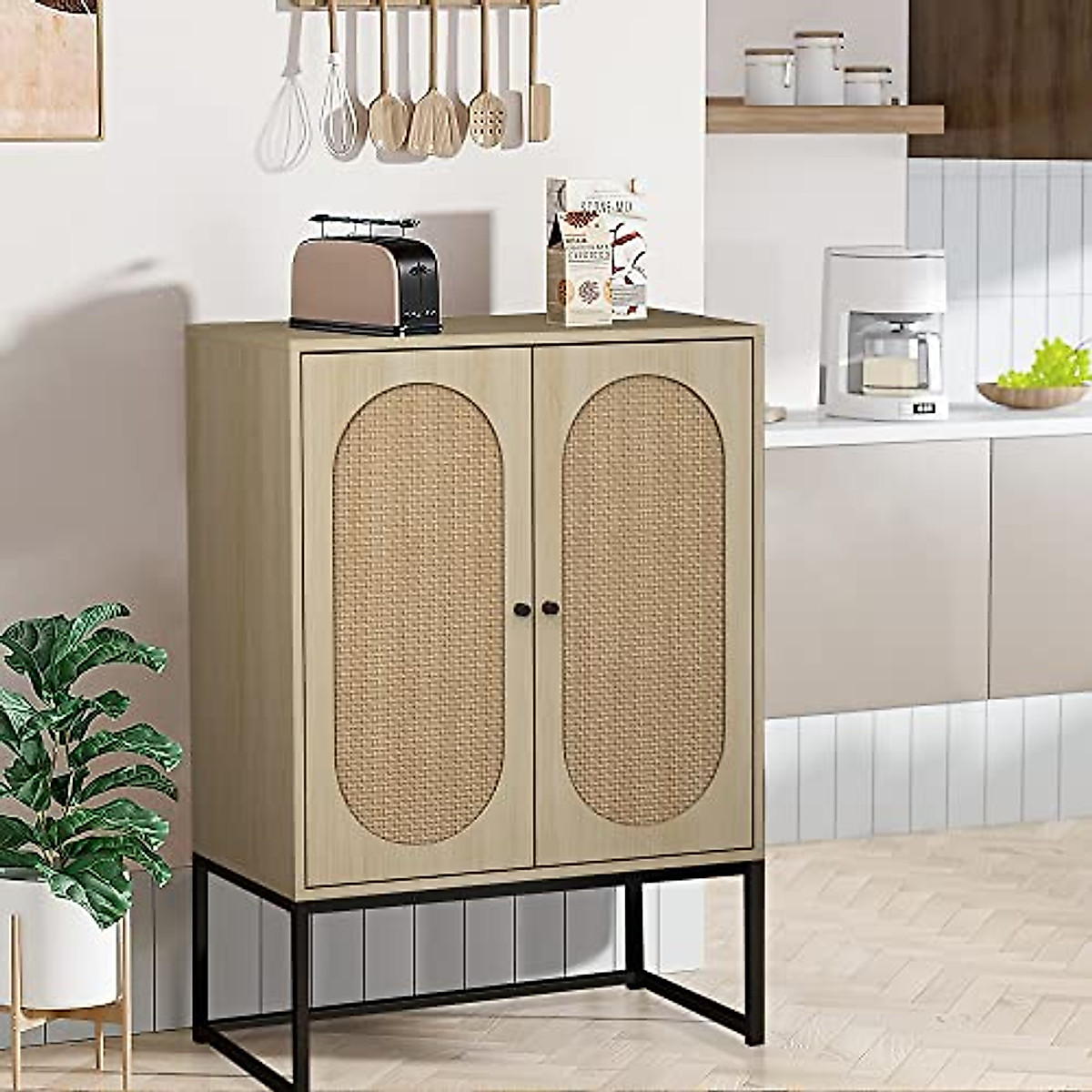 AWQM Natural Rattan 2 Door High Cabinet,Sideboard Buffet Cupboard Accent Cabinet,Adjustable Shelves,Free Standing Bookmatch,Easy Assembly26.77 L x 15.75" W x 41.34" H,Rustic Oak Beige