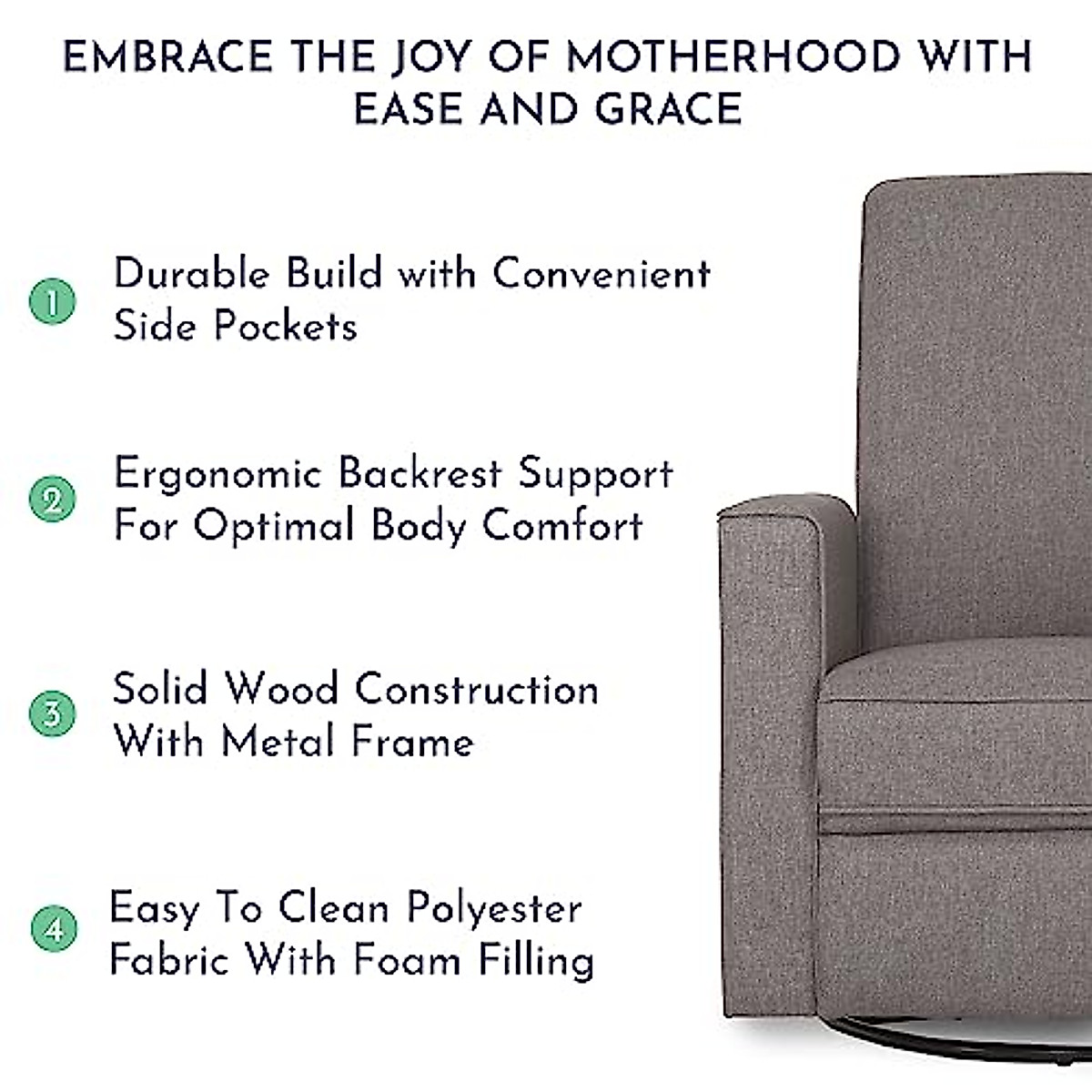 Evolur Raleigh Upholstered Plush Seating Glider Swivel, Recliner, Glider for Nursery in Rustic Grey, Greenguard Gold Certified, Modern Nursery Recliner, Environmentally Conscious Glider