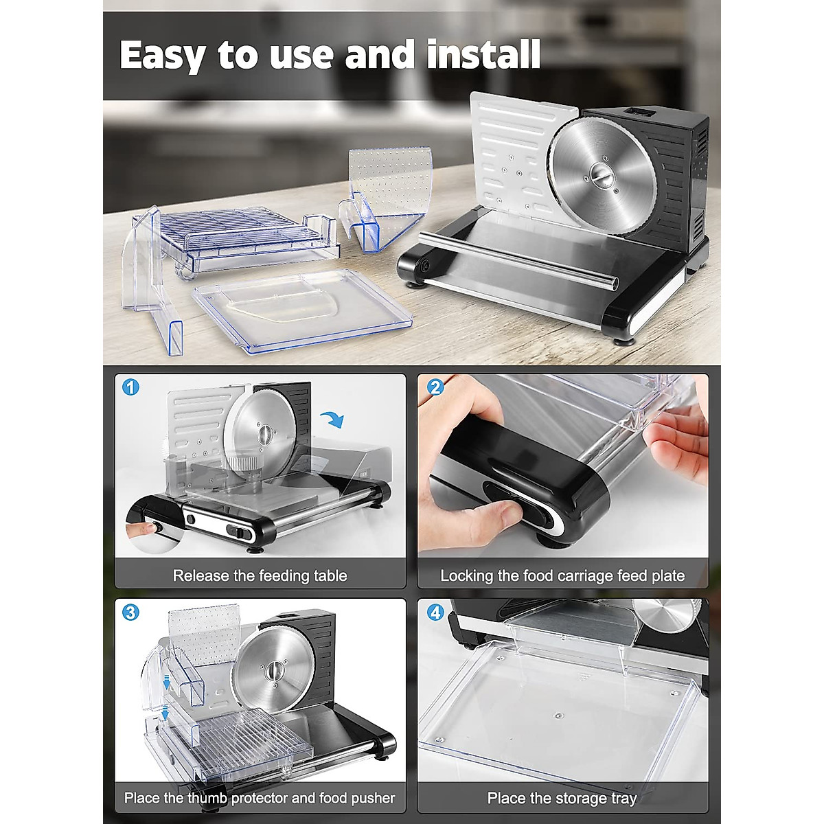 OSTBA APPLIANCE OSTBA Foldable Meat Slicer, Electric Deli Food Slicer with Food Tray, 0-18mm Adjustable Thickness Meat Slicer, Portable Collapsible Food Slicer with Stainless Steel Blades, Black