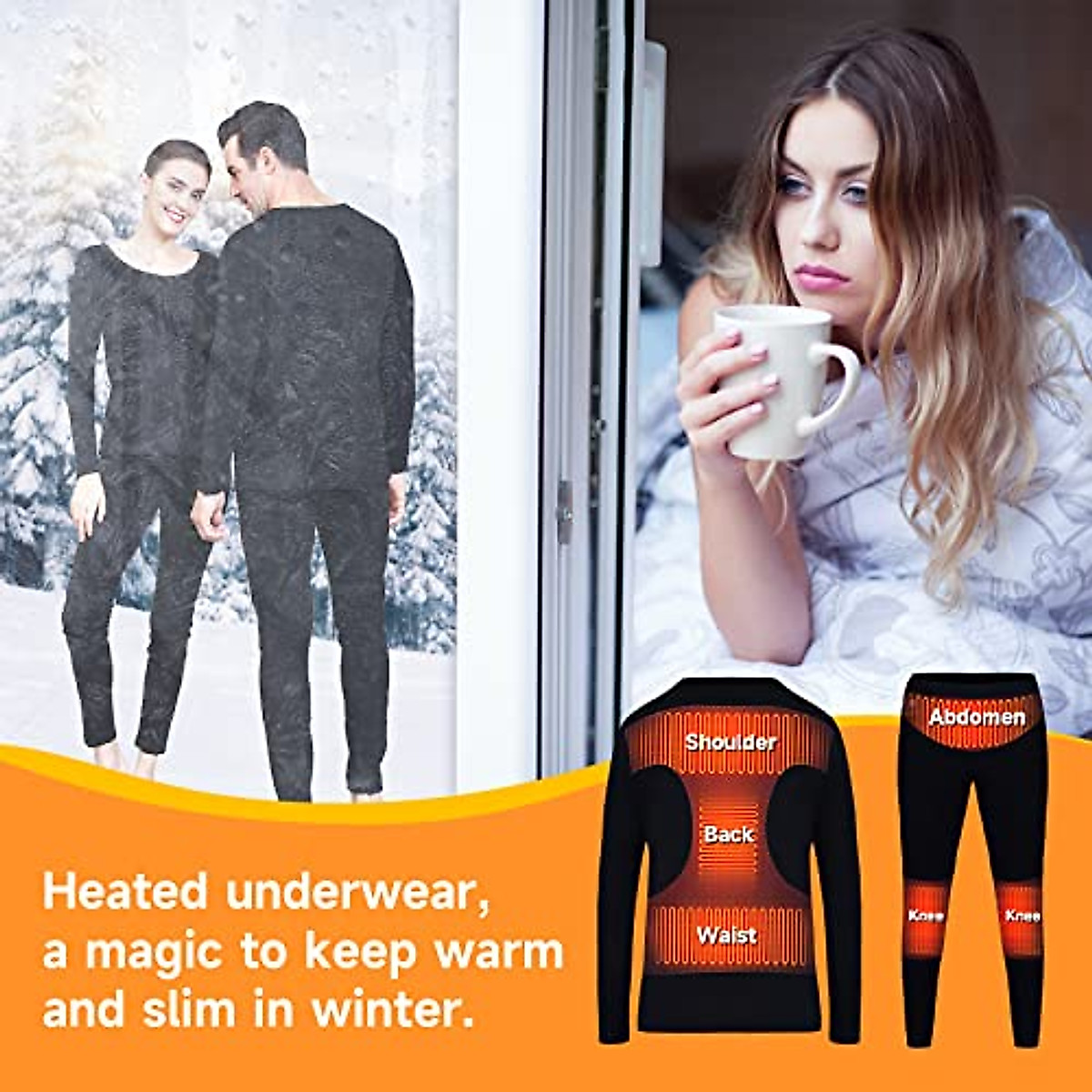 J JINPEI Heated Thermal Underwear for Men Women, Heated Long Underwear Johns Base Layer Sets (L) Black