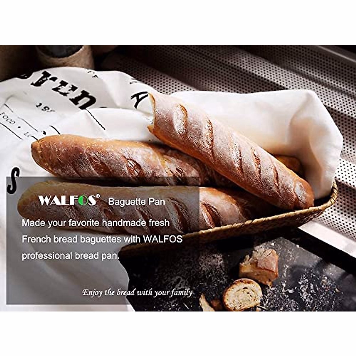 Walfos French Baguette Pan 15" x 9.6", Non-Stick Perforated French Bread Baking Pans 3 Loaves, Heat Resistant Italian Baguette Tray