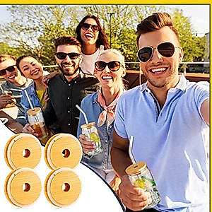 16oz Beer Glasses Lids with Straw Hole Drinking Glass Cups Anticorrosion Beer Can Cups Lids Bamboo Lids Include Reusable Glass Straight Curved Straw and Brush for Drinking Glasses (10 Pieces)