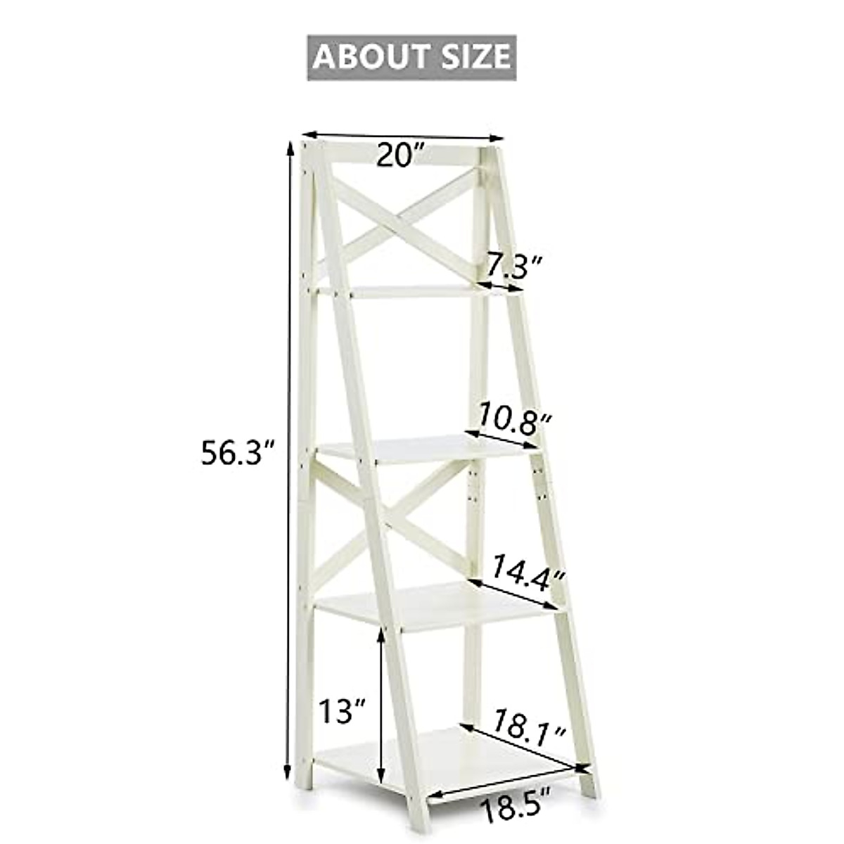 ZENODDLY Ladder Shelf White Ladder Bookshelf, 56.3in Tall Standing Ladder Shelves for Living Room Bathroom Furniture Bedroom Display Shelf, Wooden Leaning Bookshelf Ladder Bookcase Plant Shelf Indoor