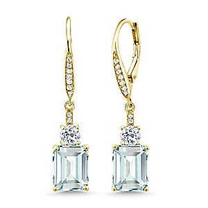 Gem Stone King 18K Yellow Gold Plated Silver Sky Blue Simulated Aquamarine and White Topaz Dangle Earrings For Women (5.26 Cttw, Gemstone Birthstone, Octagon 9X7MM)