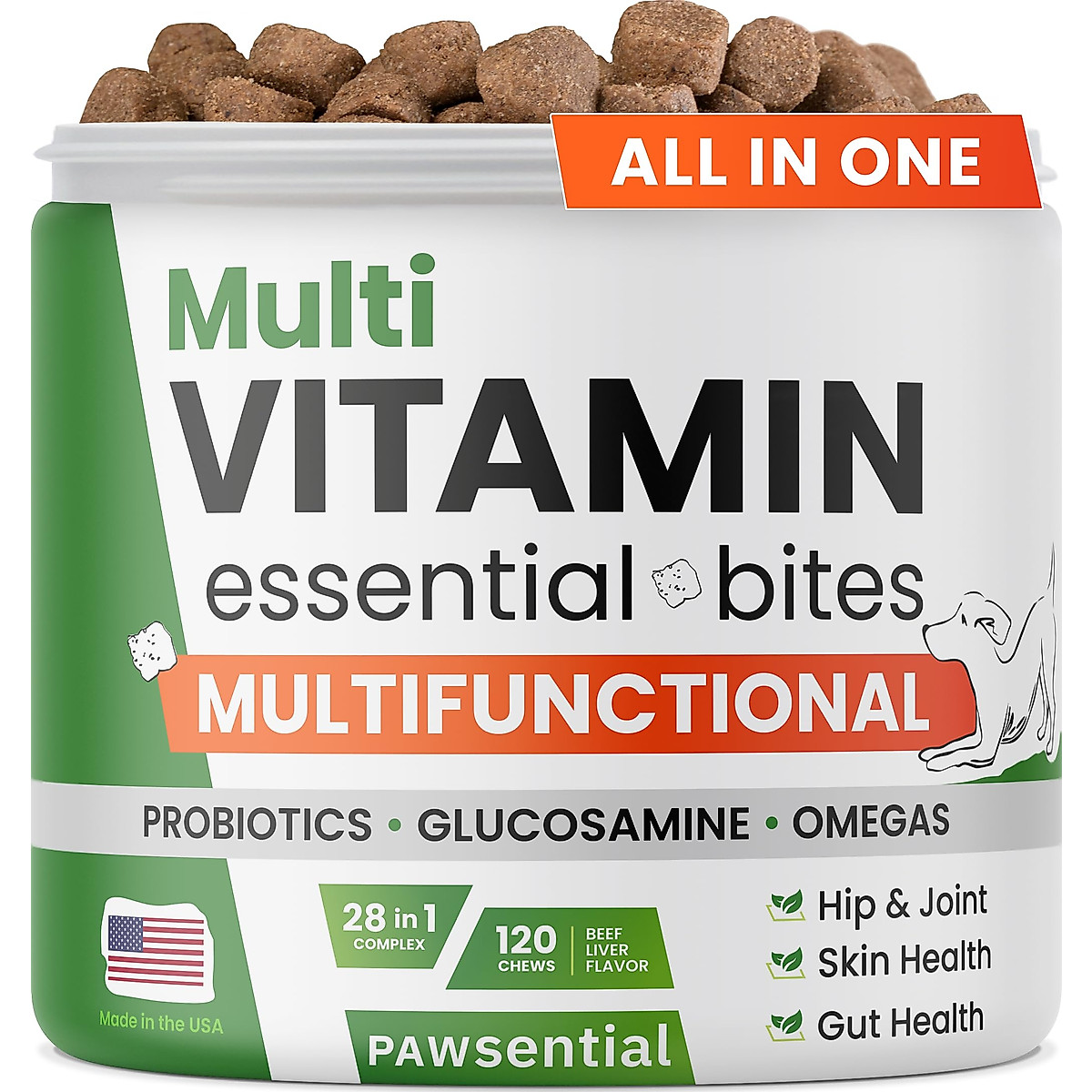Vitamins for Dogs - 4 in 1 Complex with Omega, Glucosamine, Probiotics and Vitamins - 100 ct - Bacon