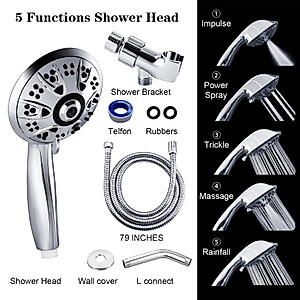 Klabb shower set K-9 High Pressure 4.3 inches Chrome Face Handheld Shower with Hose with 5 function.impluse+trickle+massage+spray+rainfall