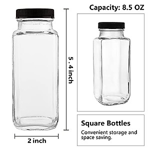 GUANENA 12 Pack Glass Drink Bottles, 8.5 OZ Vintage Square Water Bottles with Lids, Juice Bottles Beverages Containers for Milk, Kombucha, Smoothies