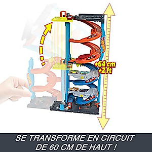 Hot Wheels Toy Car Track Set City Transforming Race Tower, Single to Dual-Mode Racing, with 1:64 Scale Car