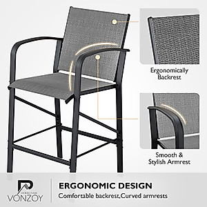 VONZOY Outdoor Bar Stools Set of 2, Comfortable Bar Height Outdoor Chairs, Patio Bar Stools w/All-Weather Mesh, 300lb Capacity - Grey