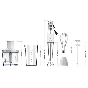 Immersion Hand Blender, UTALENT 5-in-1 8-Speed Stick Blender with 500ml Food Grinder, BPA-Free, 600ml Container,Milk Frother,Egg Whisk ,Puree Infant Food, Smoothies, Sauces and Soups - White