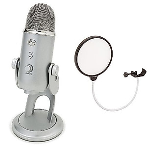Blue Yeti USB Microphone (Silver) with Dragonpad USA Pop Filter
