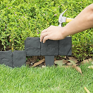 Gardenised Cobbled Stone Style Outdoor Lawn Edging Gate 10pk Interlocking Stakes, Gray