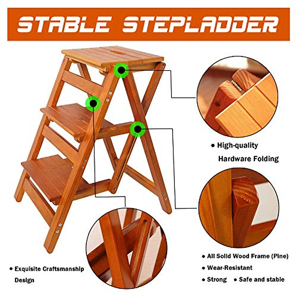 3 Step Stool Home Wooden Folding Ladder Chair Thickened Library Stair Chair Portable Light Garden Tool Ladder Maximum Load 150KG