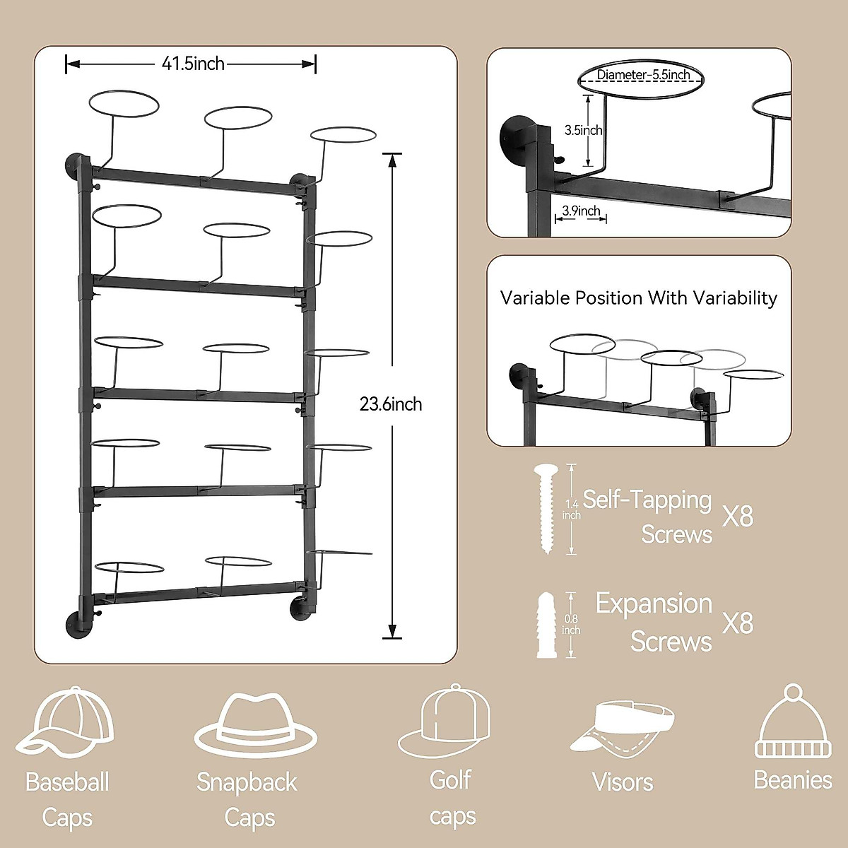 AQAREA Hat Rack Wall Storage for Closet: Hat Storage Hanger Wall Mount for Baseball - Bedroom Cap Display Organization - 5 Layer