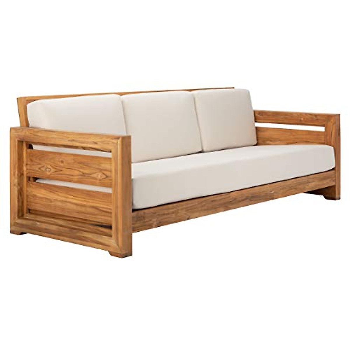 Safavieh CPT1008A Couture Guadeloupe Brazilian Teak Outdoor 3-Seat Patio Sofa, Natural/White