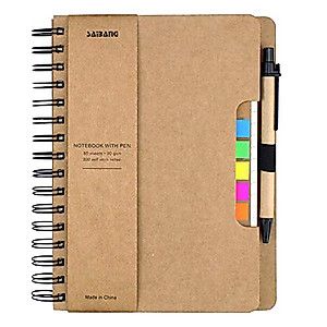 SAIBANG A5 Spiral Notebook Business Notepad with Pen in Holder and Sticky Notes Index Tabs Page Markers for School Office, 18 by 21 cm, 60 Sheets Totally, Kraft Cover (Khaki)