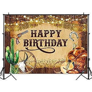 Mocsicka Western Cowboy Happy Birthday Backdrop Rustic Old West Rodeo Cowboy Background Brown Rustic Wood Kids Birthday Party Decoration Banner Cowboy Party Decorations (7x5ft (82x60 inch))