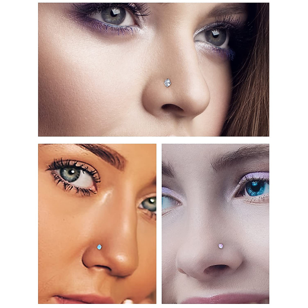 Kwoencxi 20G Nose Rings Stud Piercing Jewelry for Women 20 Gauge Surgical Stainless Steel Screw Twist Spiral L Shaped Bend Silver Nose Nostril Ring Stud Hook Piercing Jewelry Pack Set Men Diamond 2MM