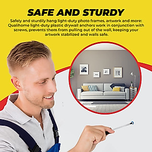 Qualihome Drywall Anchors Premium Quality Ribbed Lightweight Plastic Anchors for Hollow Walls – Wall Hanging Anchor Kit for Pictures, Artwork & Light Duty Anchoring Application (#10-12 x 1")